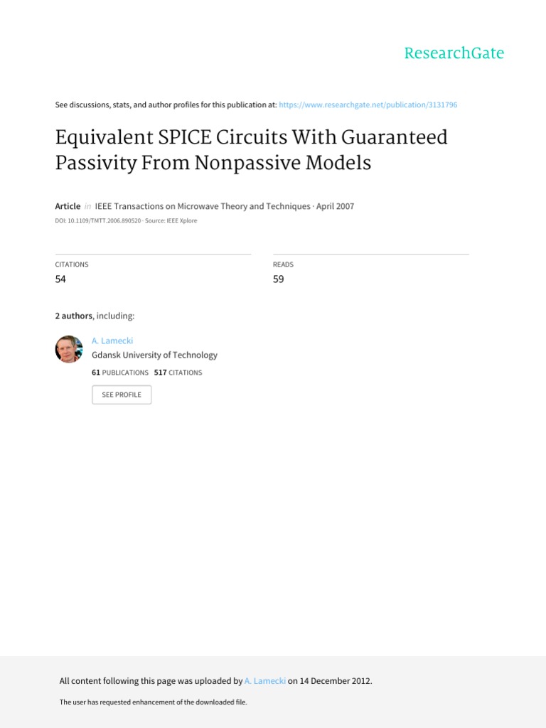 Equivalent SPICE Circuits With Guaranteed Passivity From Nonpassive ...