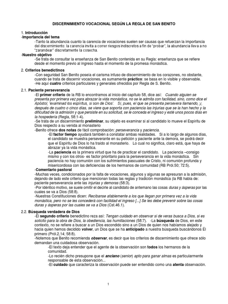 Discernimiento Vocacional Según La Regla de San Benito | PDF ...