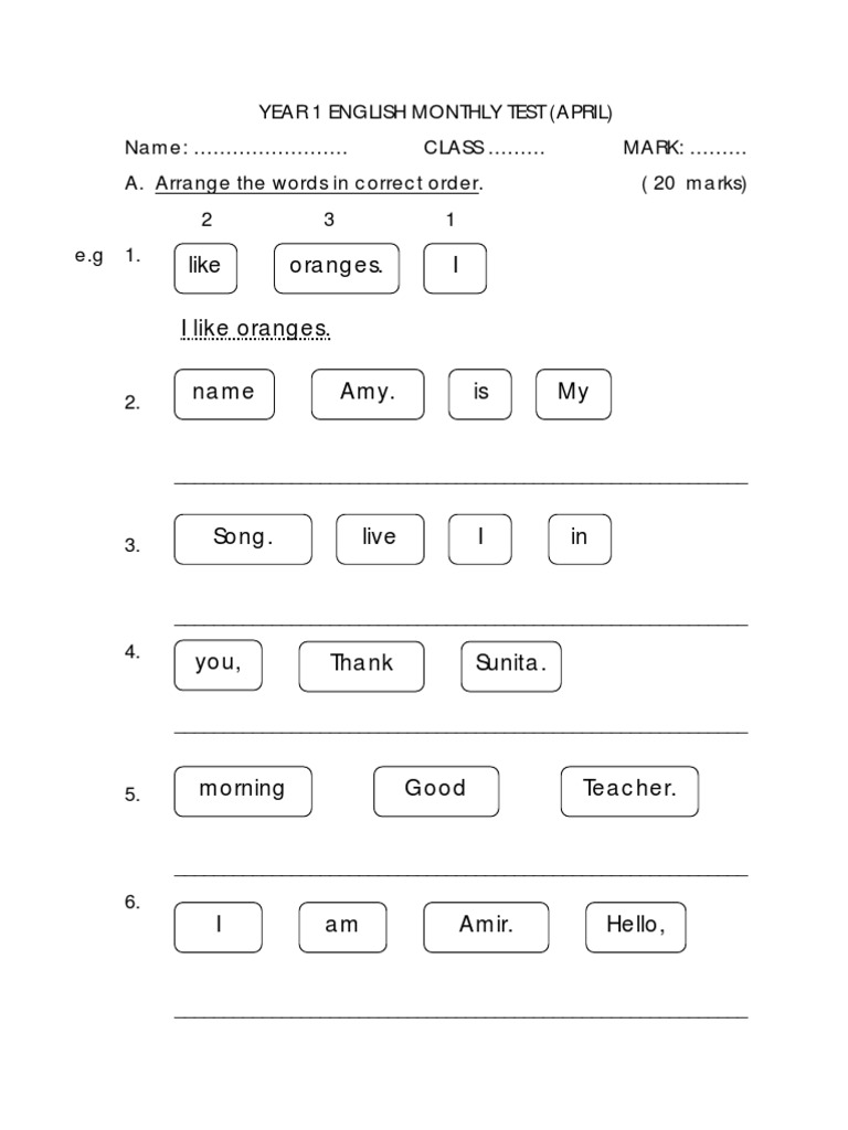 English Year1 Monthly Test April | PDF