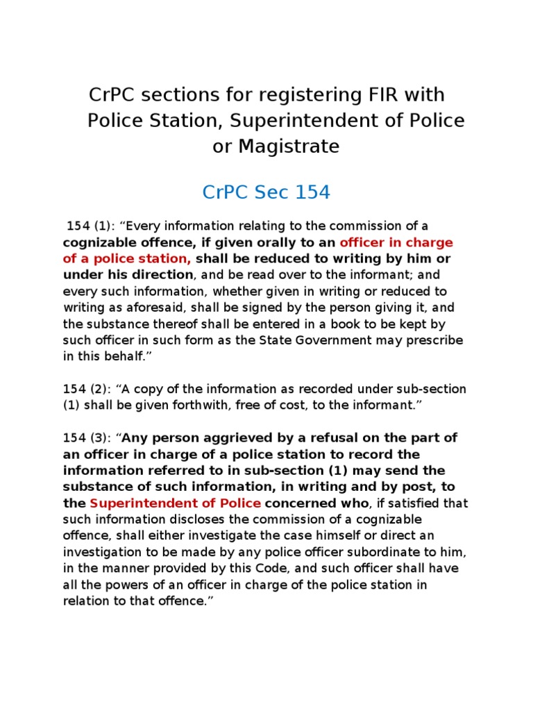 CRPC Sections For Registering FIR With Police Station, Superintendent ...