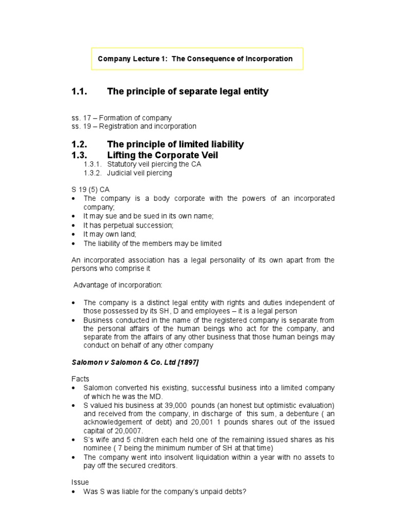 1.1. The Principle of Separate Legal Entity | PDF | Piercing The ...