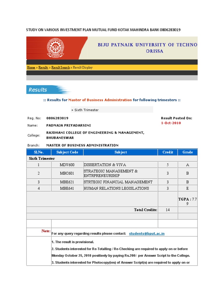 MBA Results for Rahul Mohapatra | PDF | Business