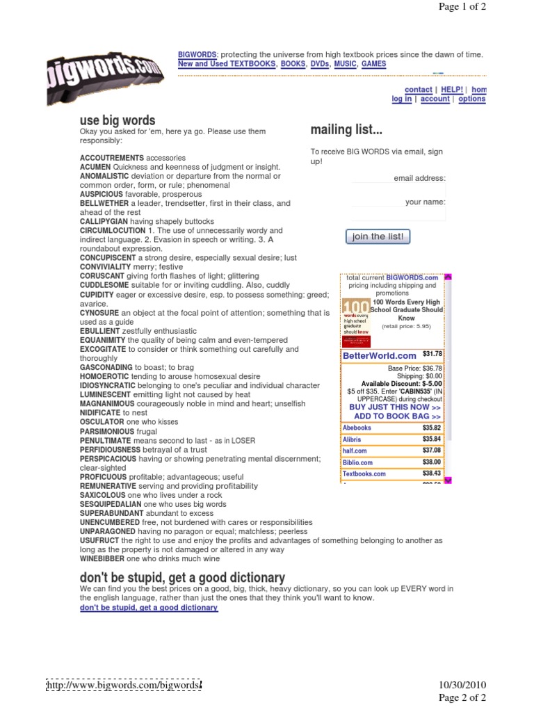 Mailing List... Use Big Words: Bigwords New and Used TEXTBOOKS Books ...