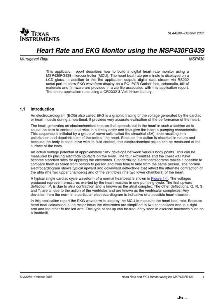 Heart Rate and EKG Monitor Using The MSP430FG439 | PDF | Amplifier | Electrocardiography