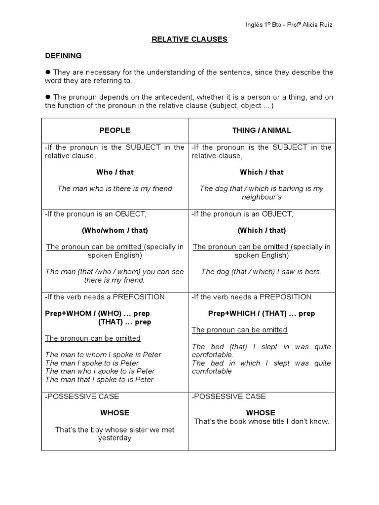 Relative Clauses Defining: Inglés 1º Bto - Prof Alicia Ruiz | PDF ...
