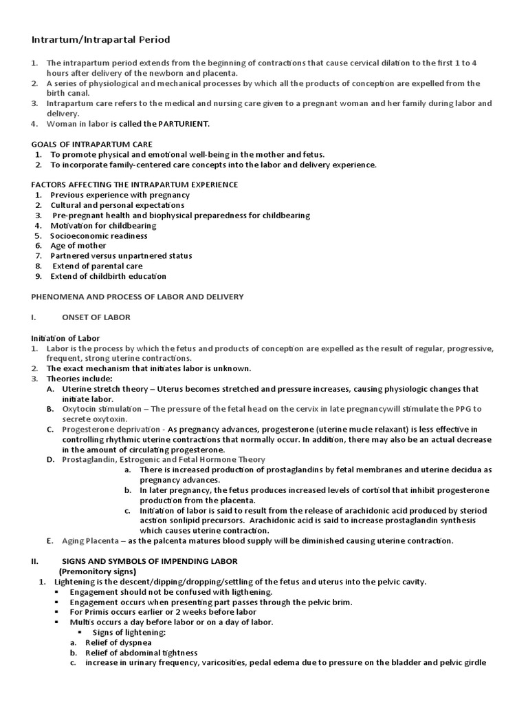 Intrartum/Intrapartal Period: Phenomena and Process of Labor and ...