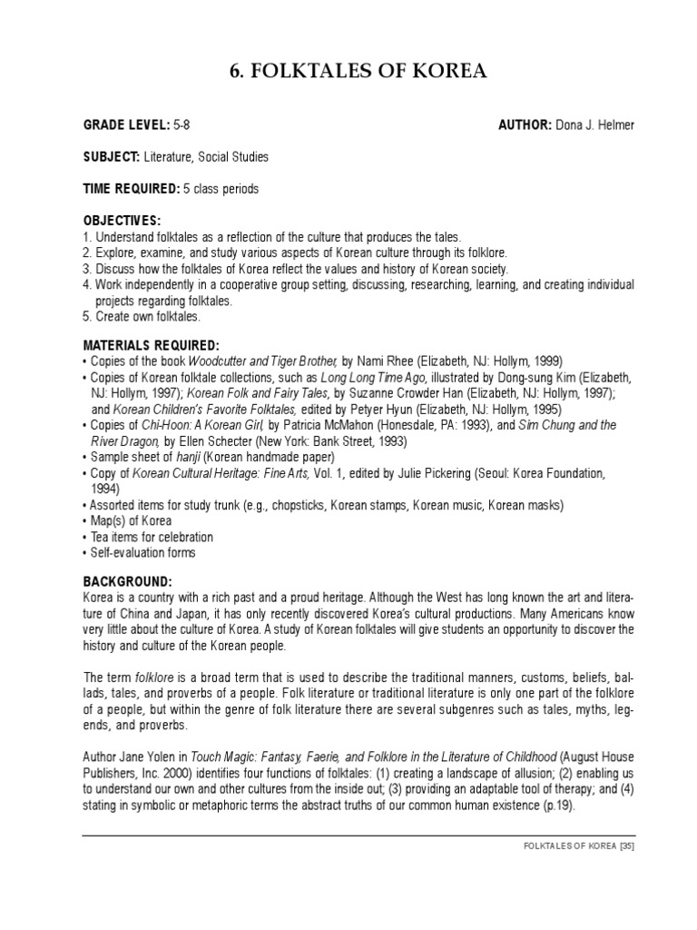 6 Folktales of Korea Lesson Plan | PDF | Folklore | Fairy Tales