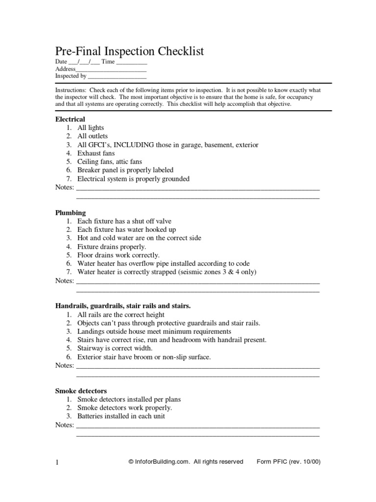 House Building Pre-Final Inspection Checklist | PDF | Basement | Components