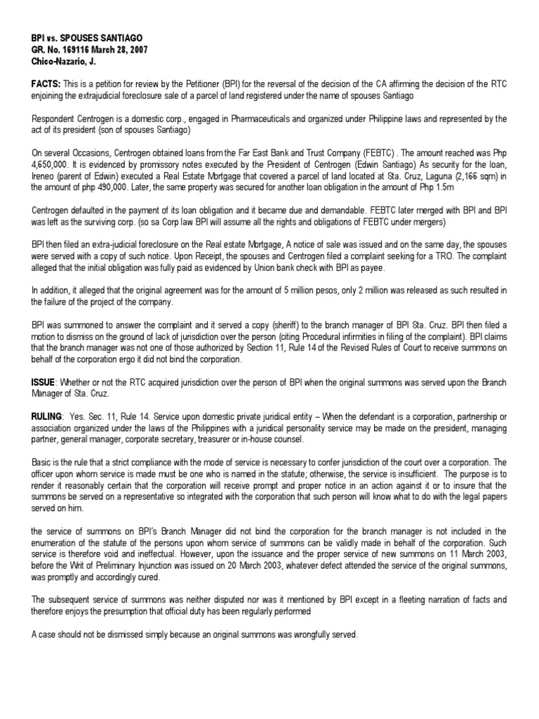 BPI vs. SPOUSES SANTIAGO | PDF | Summons | Complaint