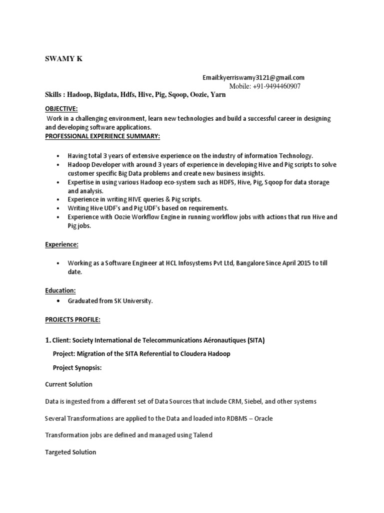 Swamy K: Current Solution | PDF | Apache Hadoop | Big Data