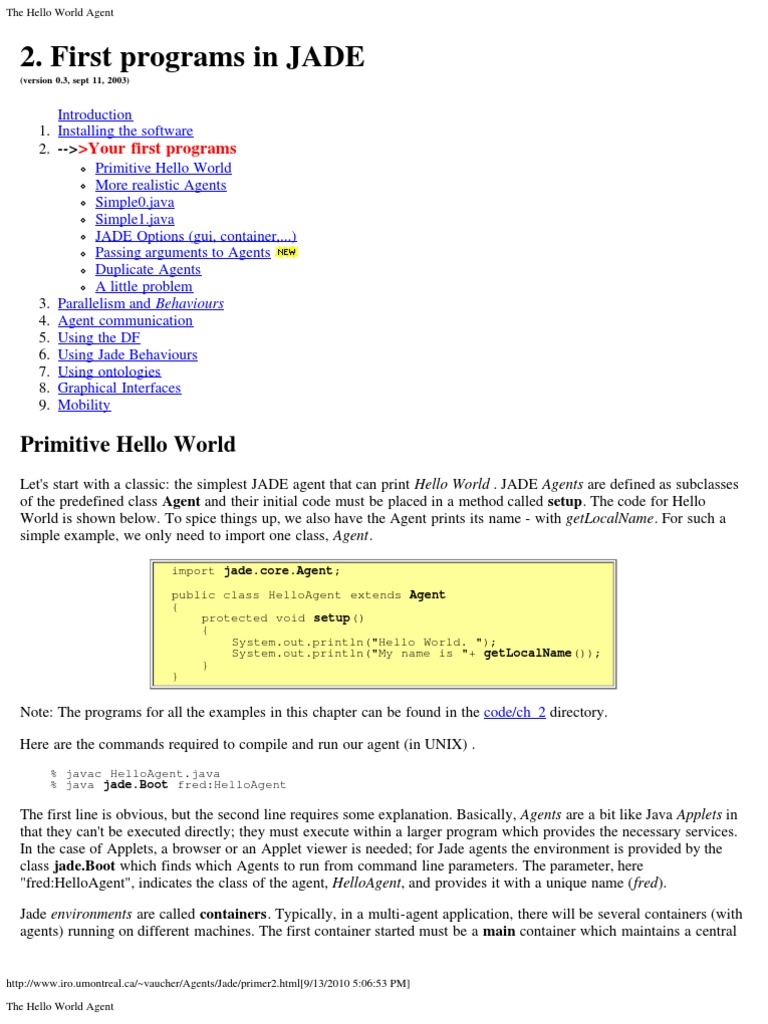 The Hello World Agent | PDF | Java (Programming Language) | Parameter (Computer Programming)