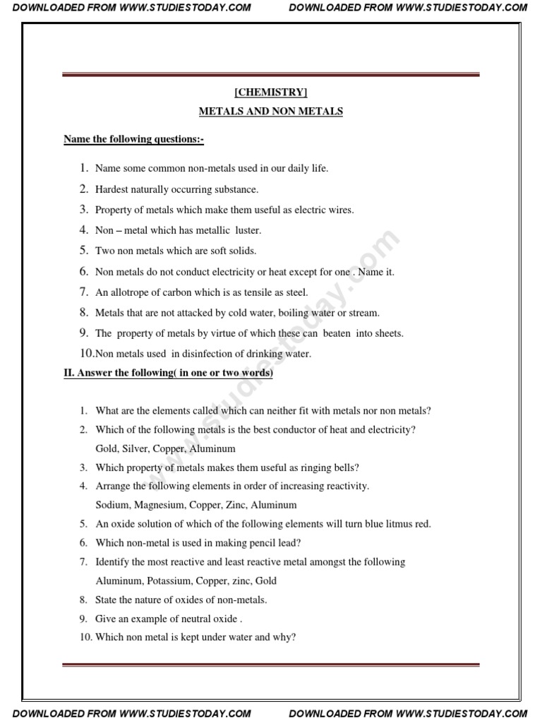Class 8 Science Worksheet - Materials-Metals and Non-Metals Part B ...