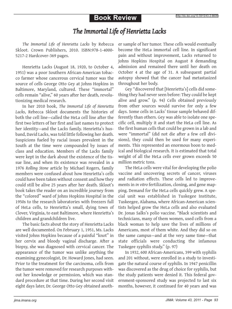 The Immortal Life of Henrietta Lacks | PDF | He La | Medicine