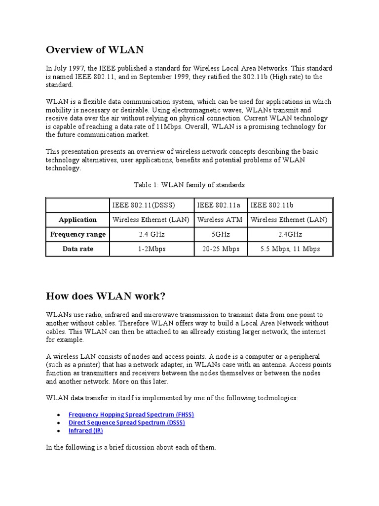 Overview of WLAN: Application Frequency Range Data Rate | PDF ...