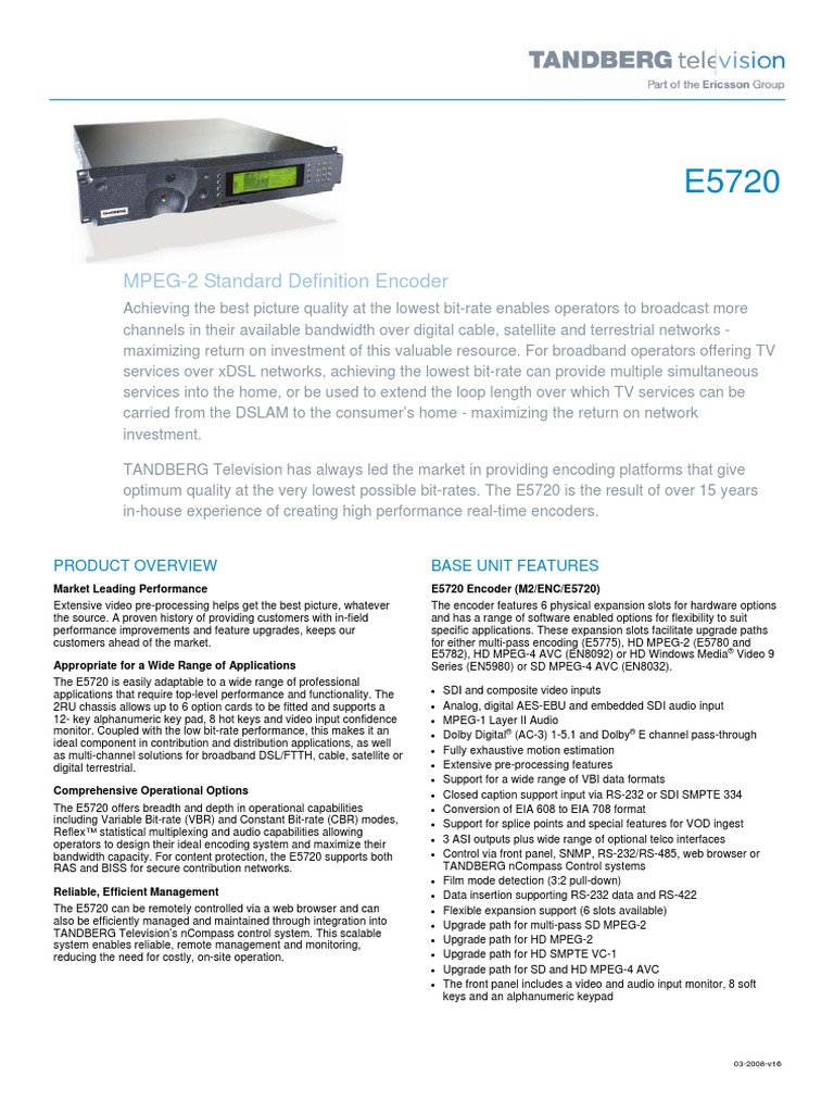 Tandberg E5720 Encoder | PDF | Video | High Definition Television
