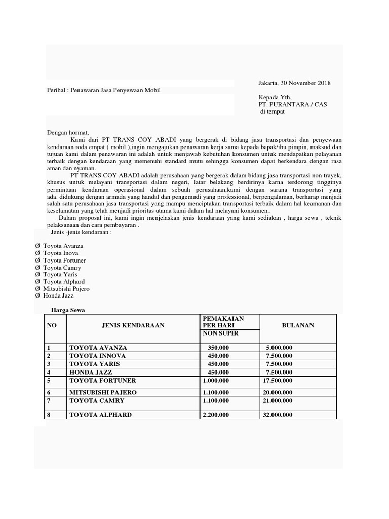 Penawaran Jasa Sewa Mobil | PDF