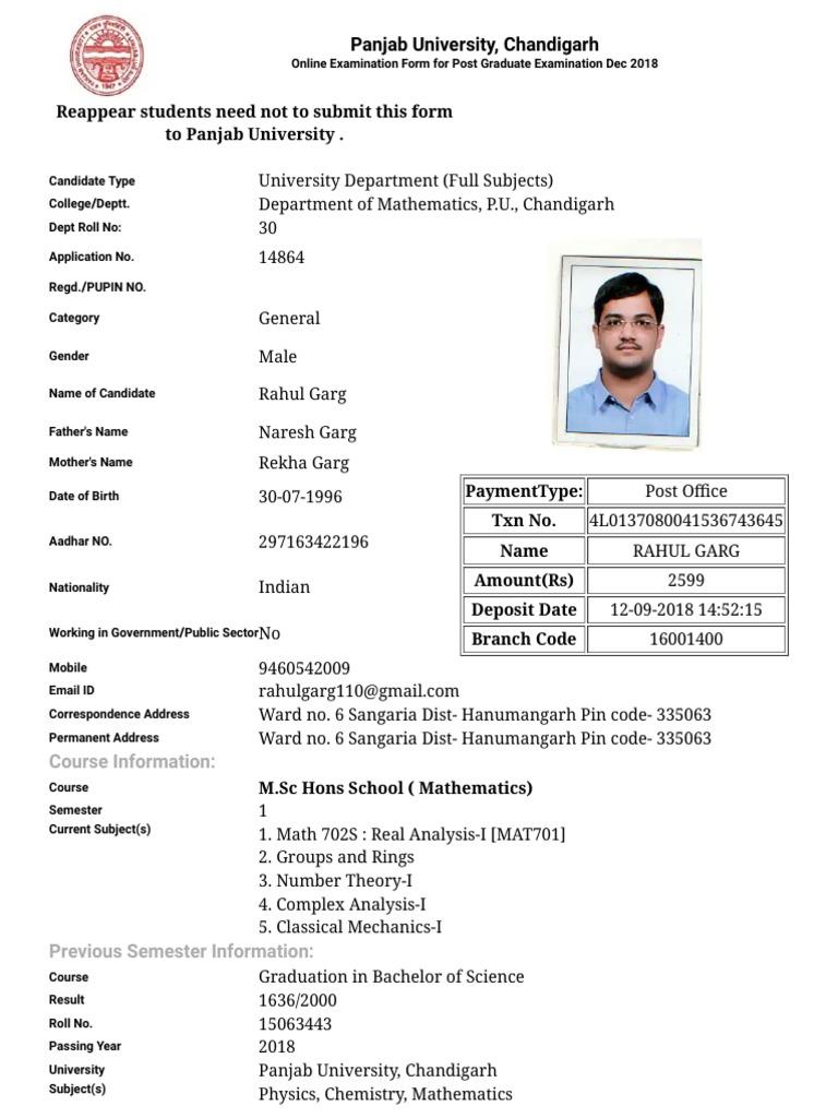 Pgexam - Puchd.ac - in StudentProfile - Aspx AppNo RjcbfaMO3rw &A ...