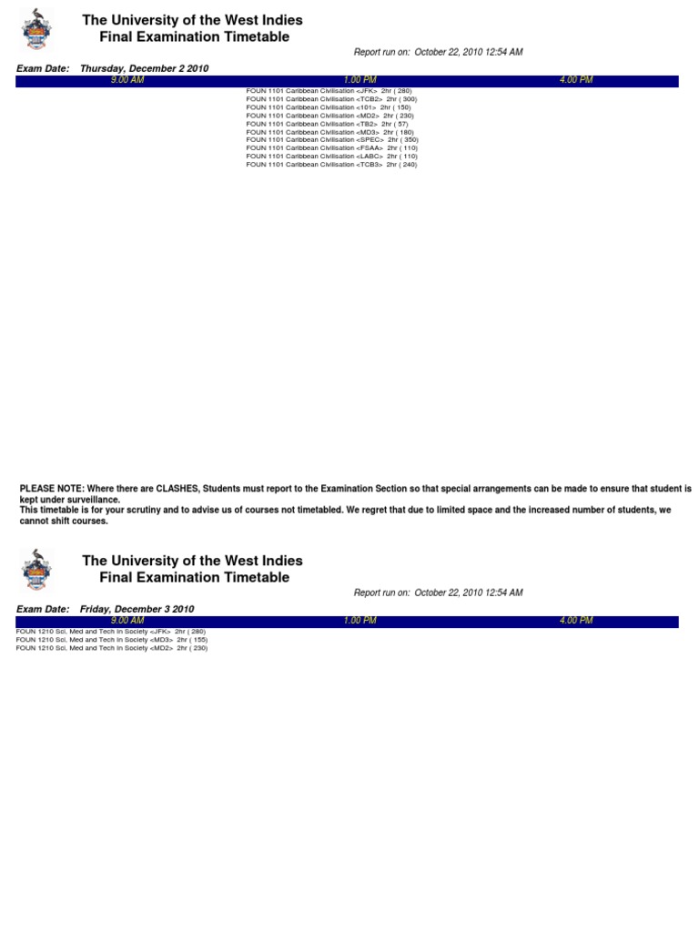 UWI Timetable Final 201010 | PDF | Teaching Mathematics | Sociology