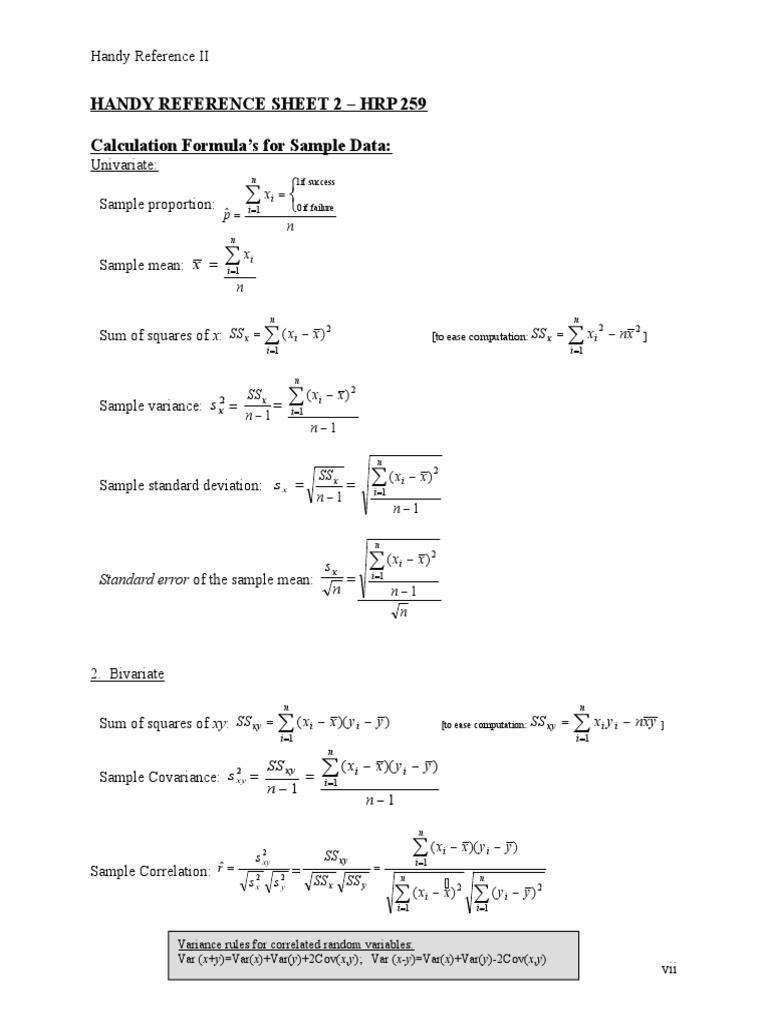 Handy Reference Sheet 2 - HRP 259 Calculation Formula's For Sample Data ...