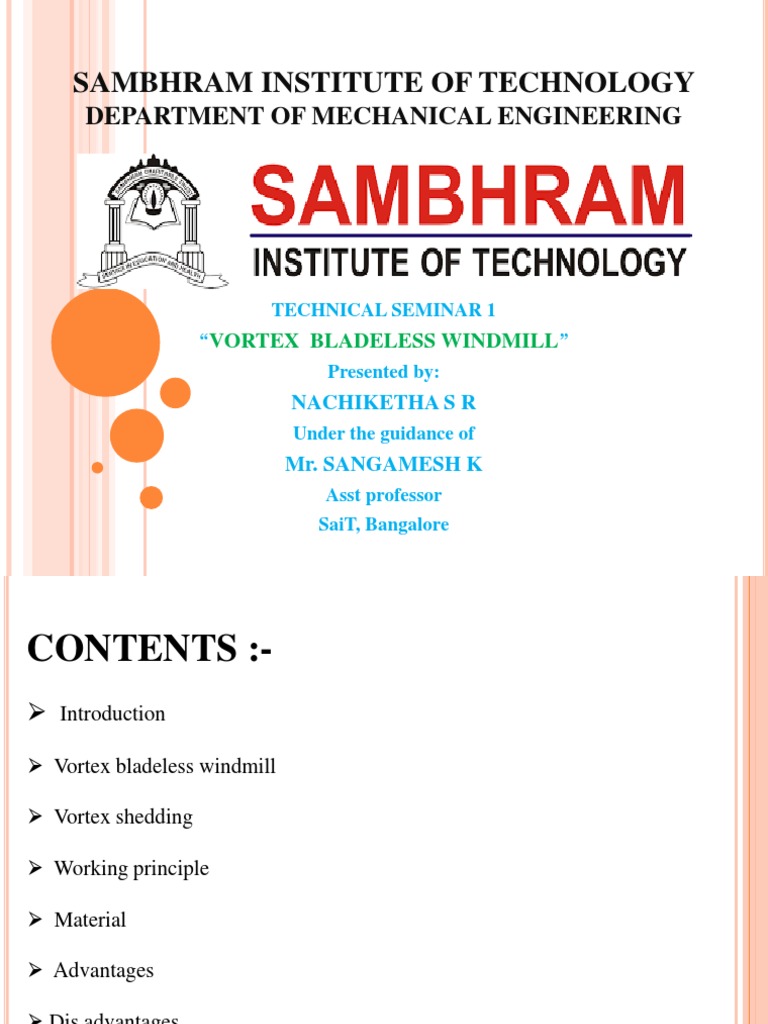 Sambhram Institute of Technology: Department of Mechanical Engineering | PDF | Vortices | Wind Power