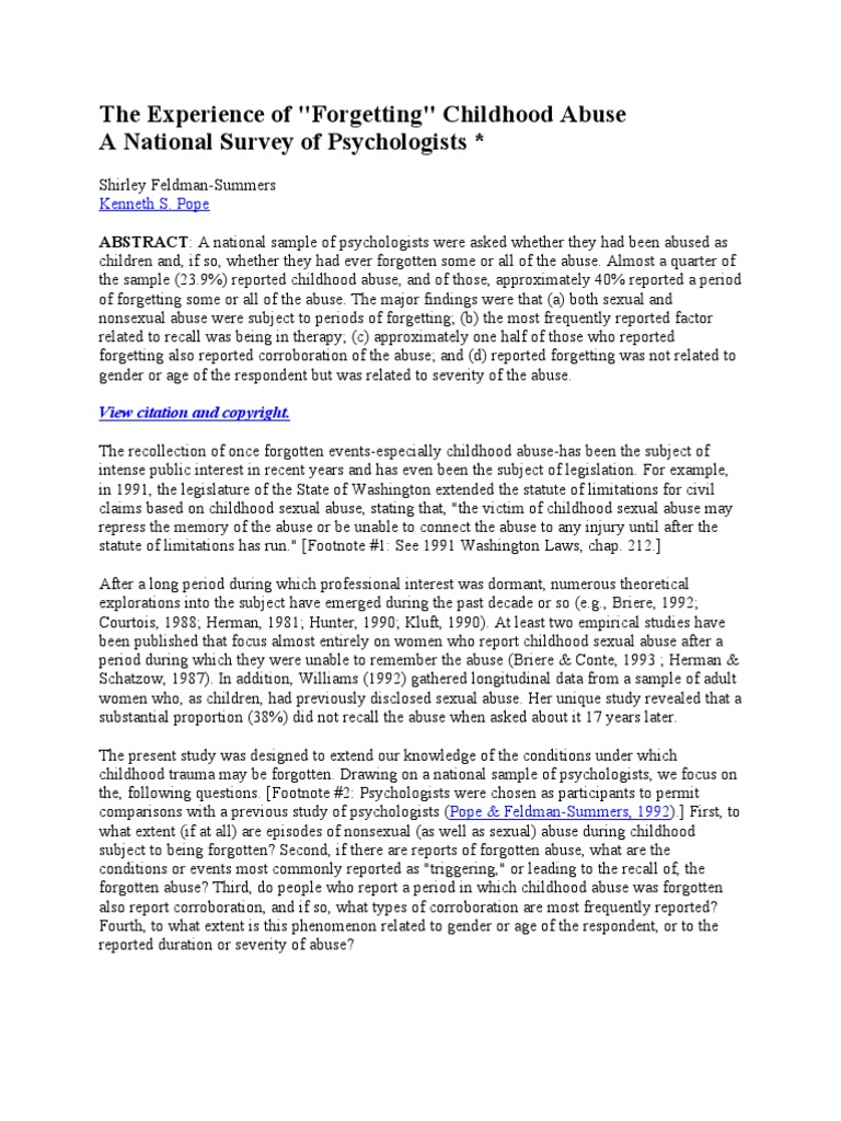 The Experience of "Forgetting" Childhood Abuse A National Survey of ...