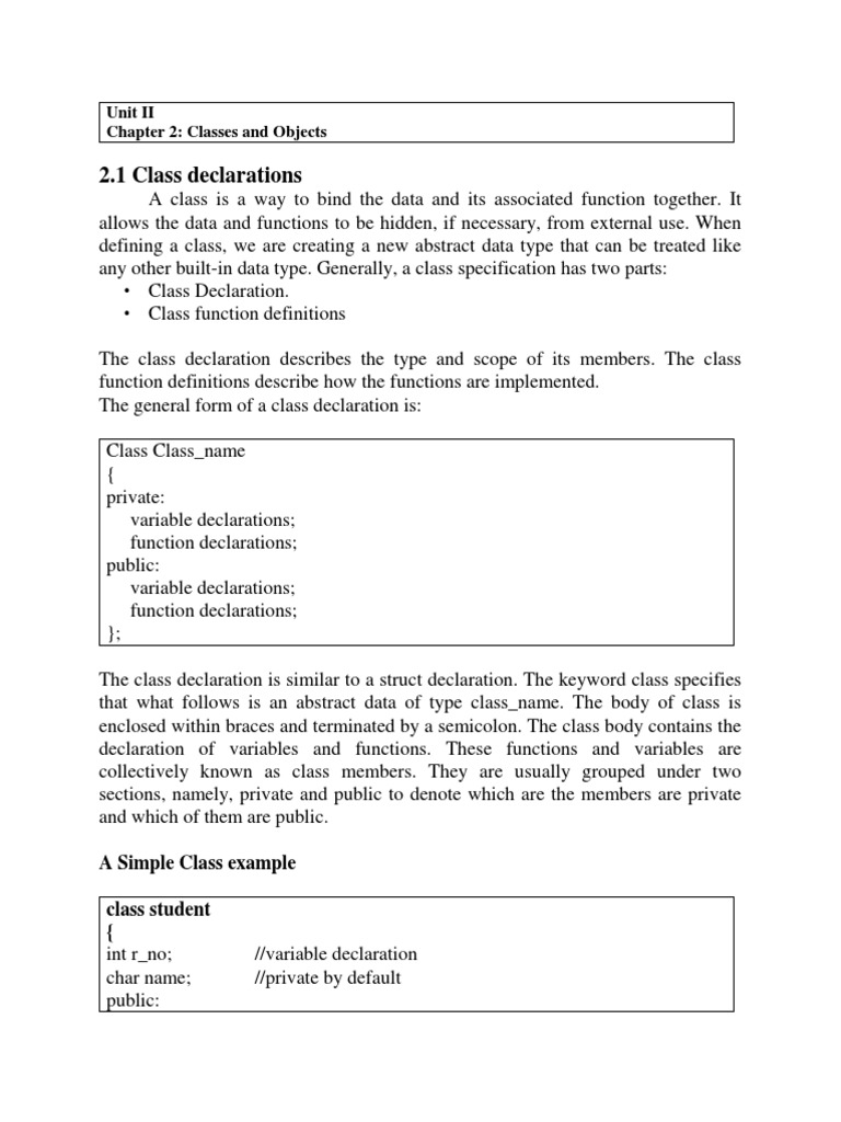 2.1 Class Declarations: Unit II Chapter 2: Classes and Objects | PDF | Constructor (Object ...