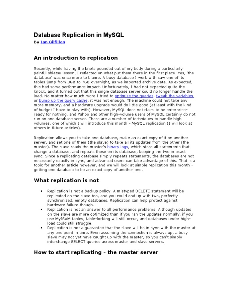 Database Replication in MySQL | PDF | Replication (Computing) | Backup Database Replication in MySQL | PDF | Replication (Computing) | Backup