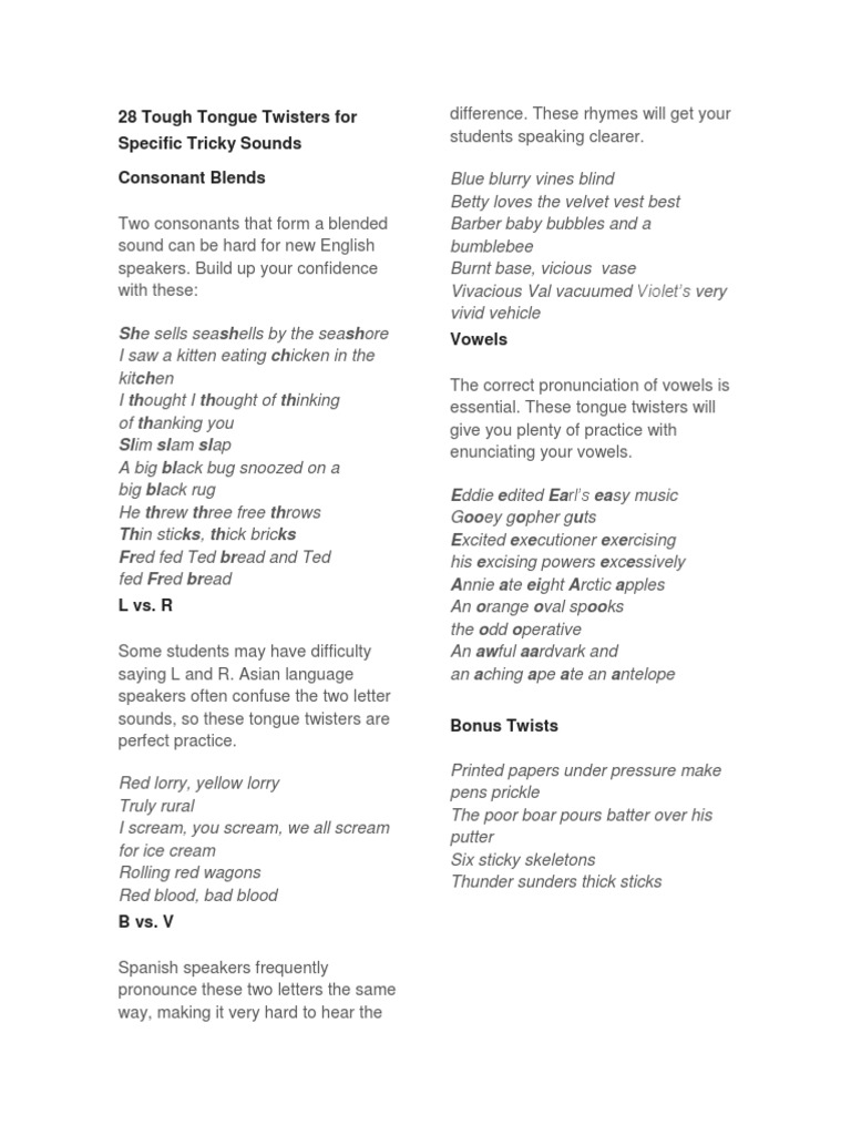 Tongue Twisters | PDF | Phonetics | Phonology