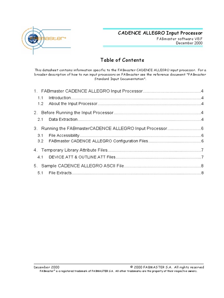 Cadence Allegro Input Processor: Fabmaster Software V8.F December 2000 ...