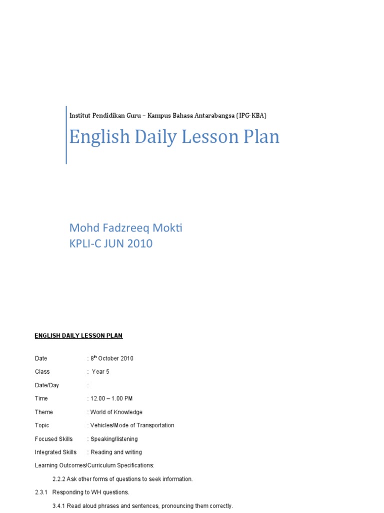 English Daily Lesson Plan - 02 | PDF | Teachers | English Language