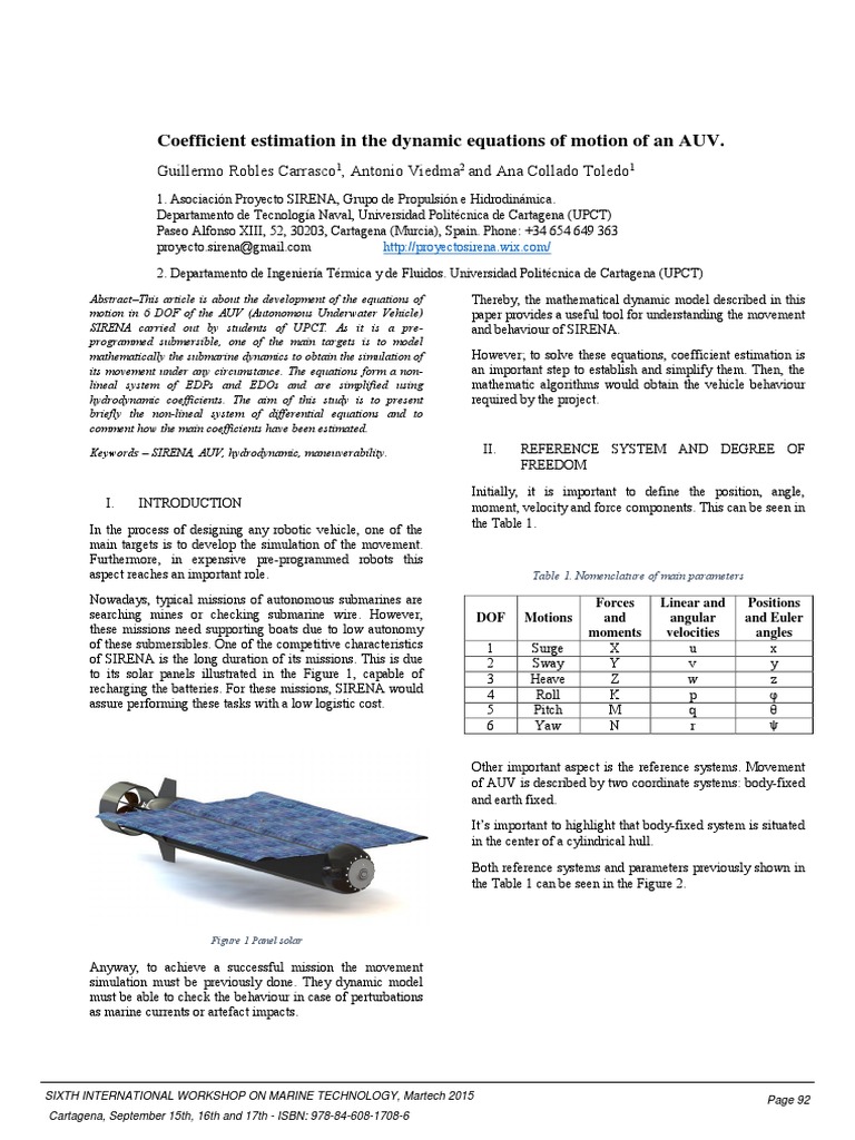 Coefficient Estimation in The Dynamic Equations of Motion of An AUV ... Coefficient Estimation in The Dynamic Equations of Motion of An AUV ...