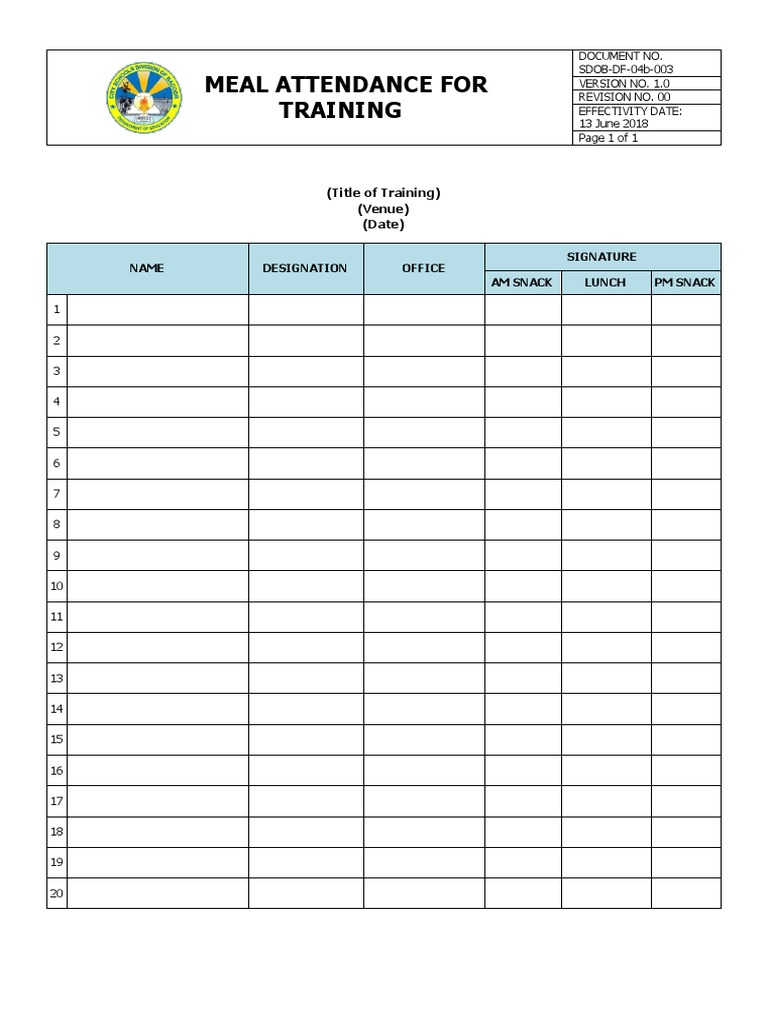 SDOB-DF-04b-003 (Meal Attendance For Training) | PDF | Meal | Food And ...