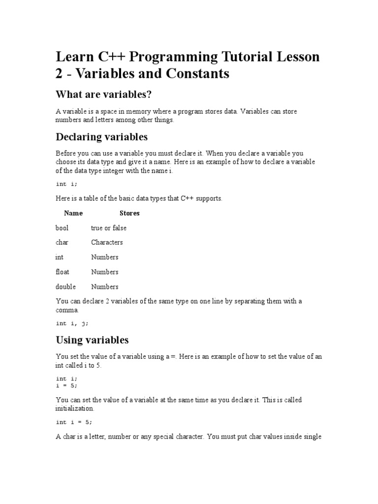 Learn C++ Programming Tutorial Lesson 2 - Variables and Constants | PDF ...