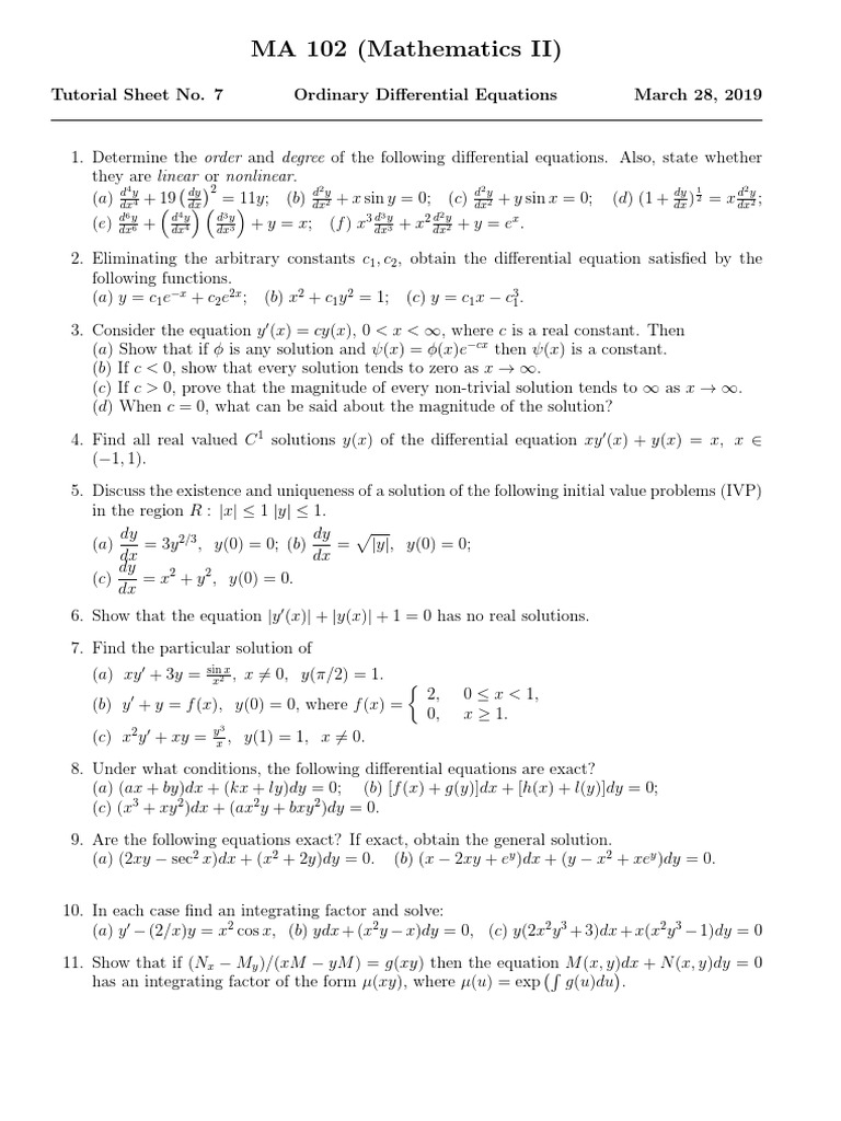 Tutorial 7 PDF | PDF | Ordinary Differential Equation | Equations