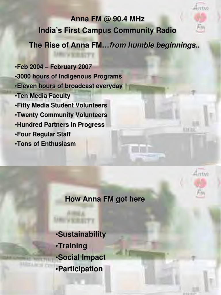 Anna FM at 90.4 MHZ India ' S First Campus Community Radio The Rise of ...