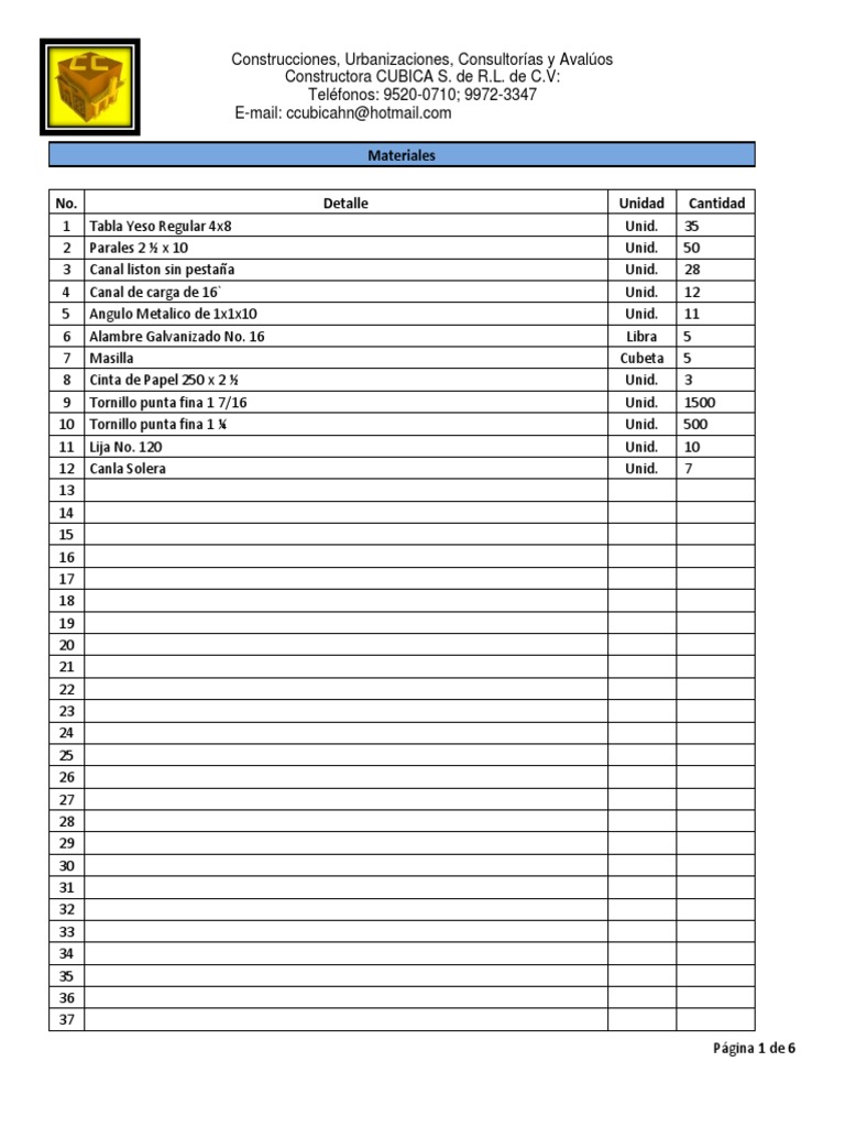 Hoja Cotizacion de Materiales Tabla Yeso | PDF | Materiales | Materiales de construcción