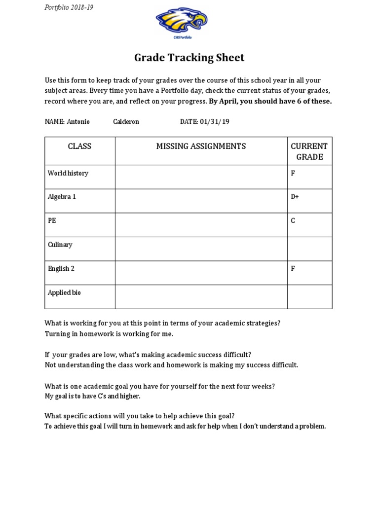 2018 Grade Tracking Sheet 1 | PDF