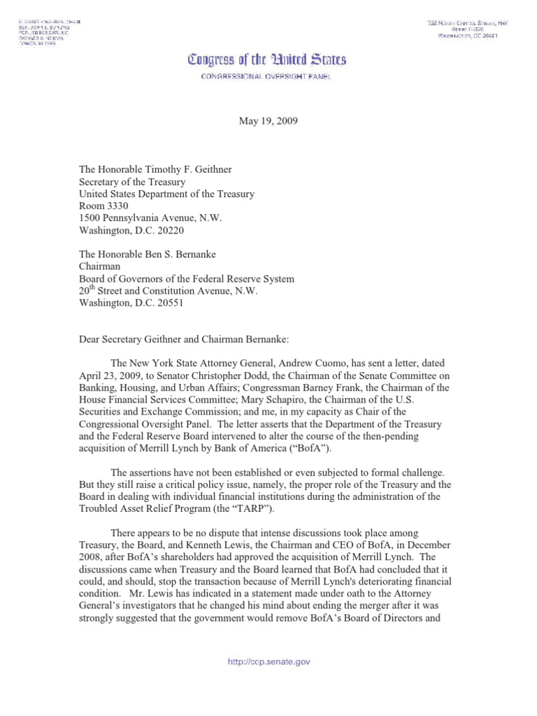 Letter To Geithner Bernanke RE Bank of America | PDF | Bank Of America ...