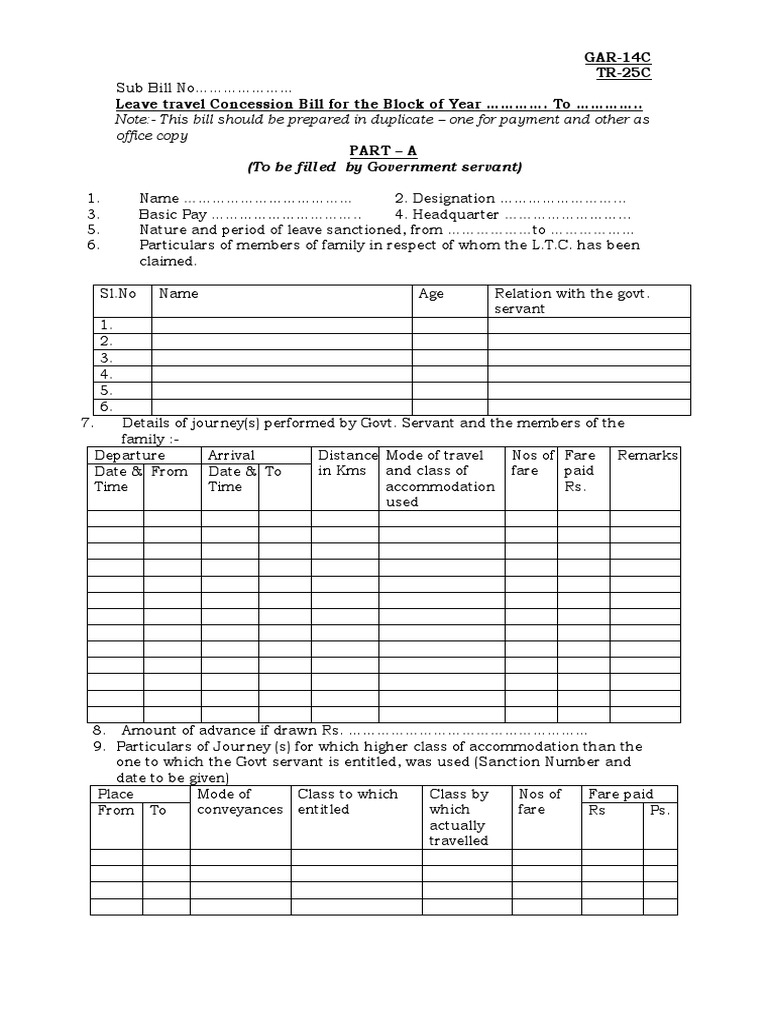 Office Copy: GAR-14C TR-25C Leave Travel Concession Bill For The Block ...