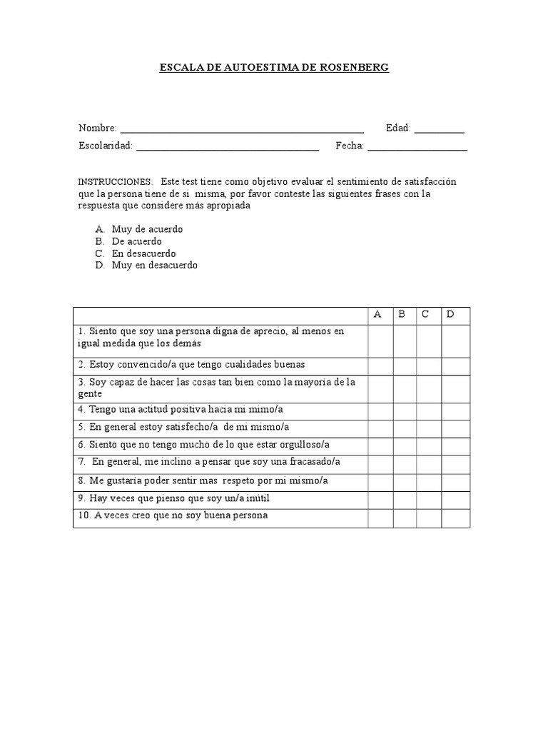Escala De Autoestima De Rosenberg: Instrucciones