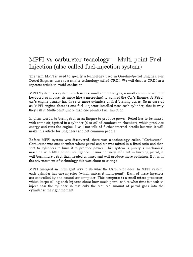 MPFI vs Carburetor: Fuel Injection Explained | PDF | Nature | Fuel ...