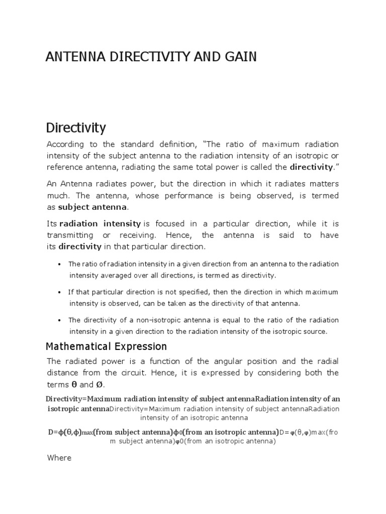 Antenna Directivity and Gain | PDF | Antenna (Radio) | Electronic ...