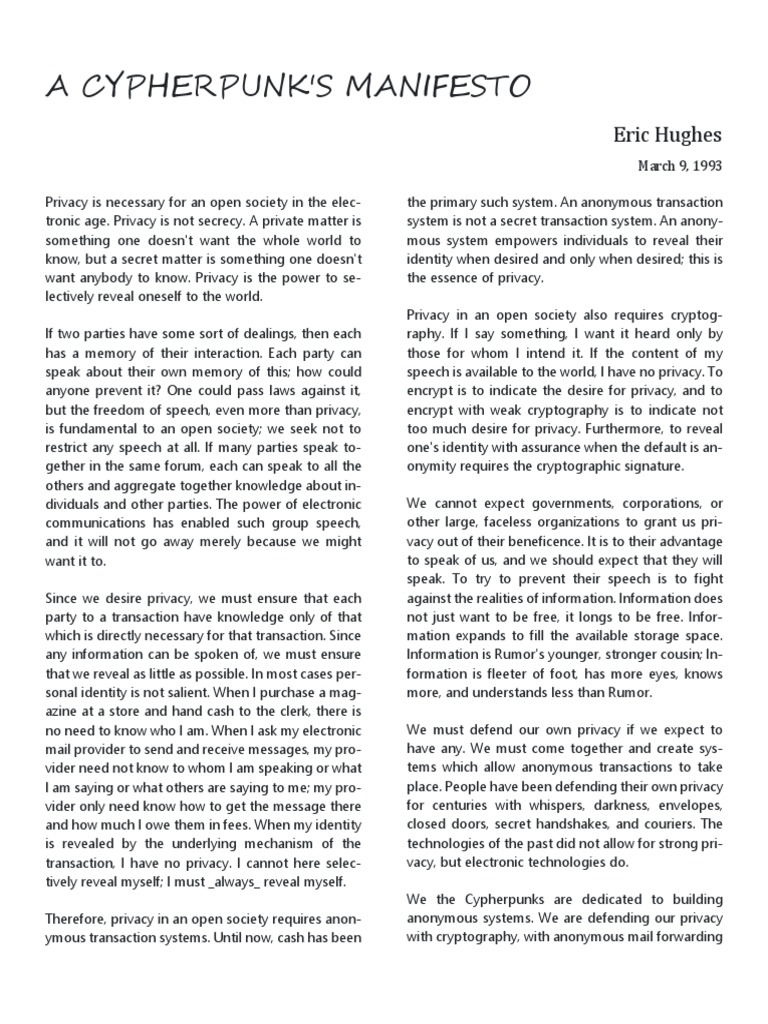 A Cypherpunk'S Manifesto: Eric Hughes | PDF | Cryptography | Public Key ...