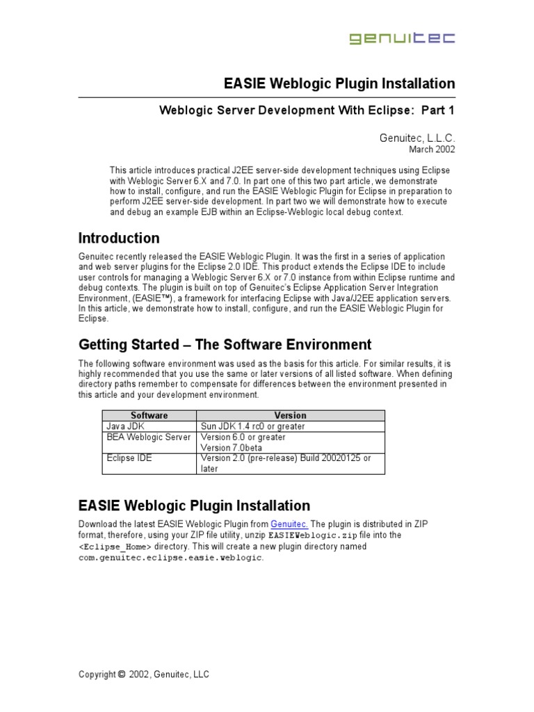 EASIE Weblogic Plugin Installation: Weblogic Server Development With Eclipse: Part 1 | PDF ...