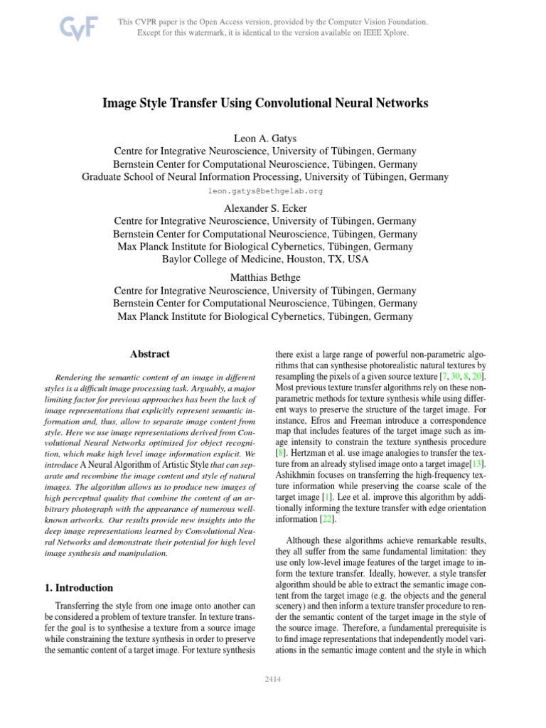 Gatys Image Style Transfer CVPR 2016 Paper | PDF | Artificial Neural Network | Areas Of Computer ...