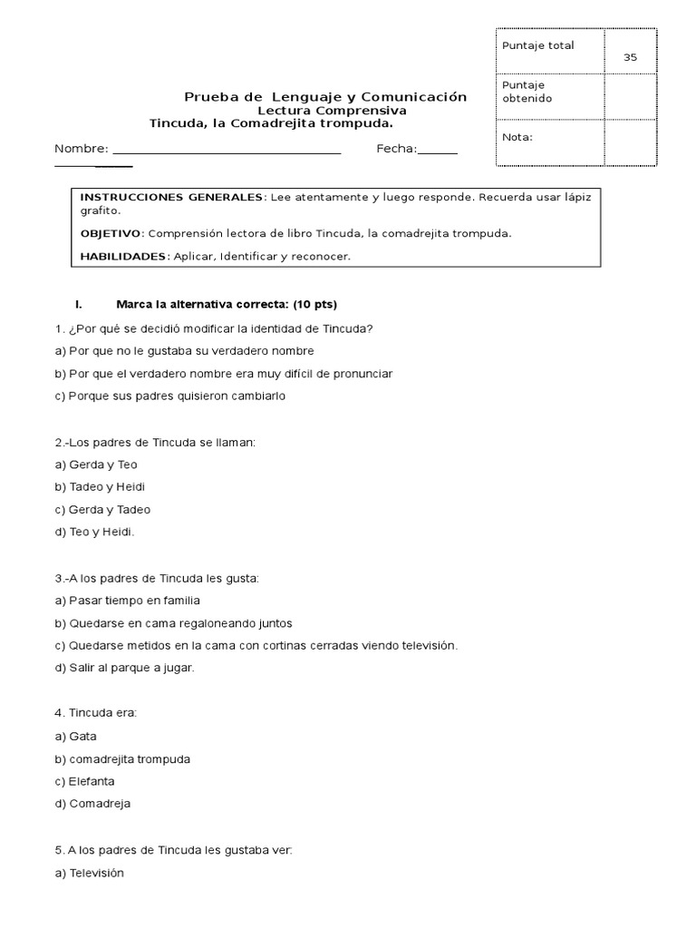 Prueba Libro Tincuda La Comadrejita Trompuda | PDF