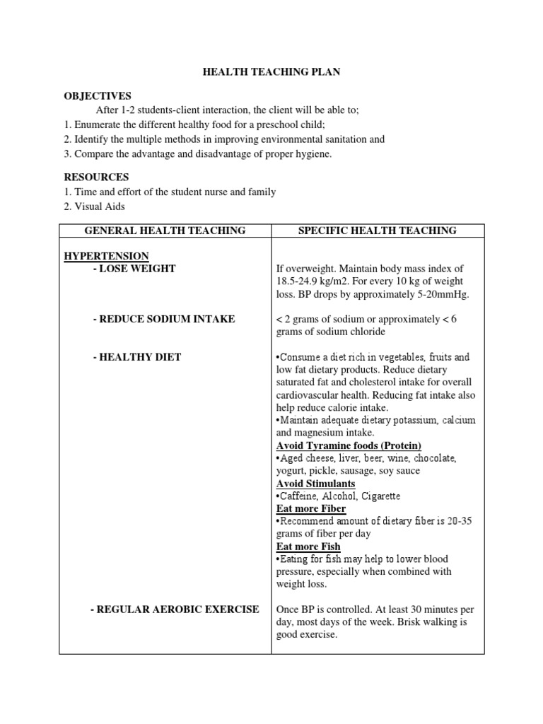 Health Teaching Plan for Nutrition & Hygiene | PDF | Healthy Diet ...