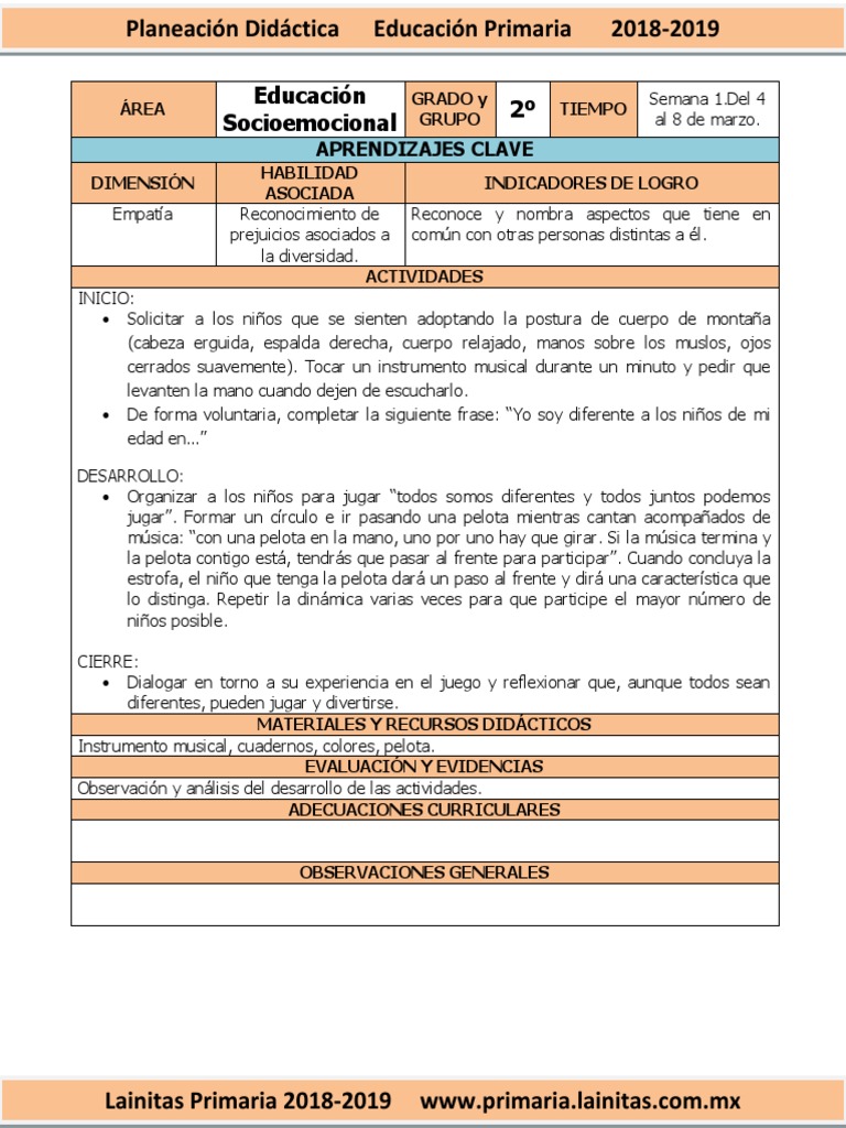 Planeación Socioemocional para Primaria | PDF | Educación primaria ...