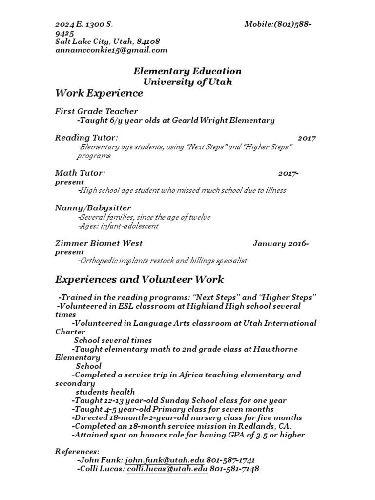 Elementary Education Experience Resume | PDF
