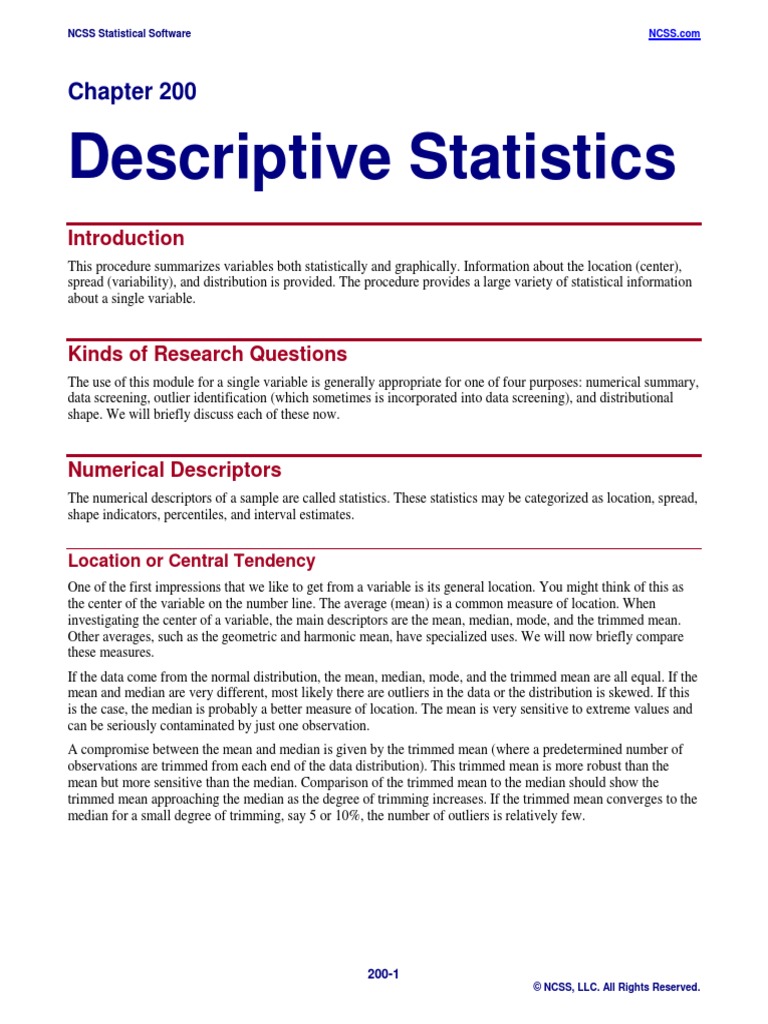 Descriptive Statistics PDF | PDF | Outlier | Skewness